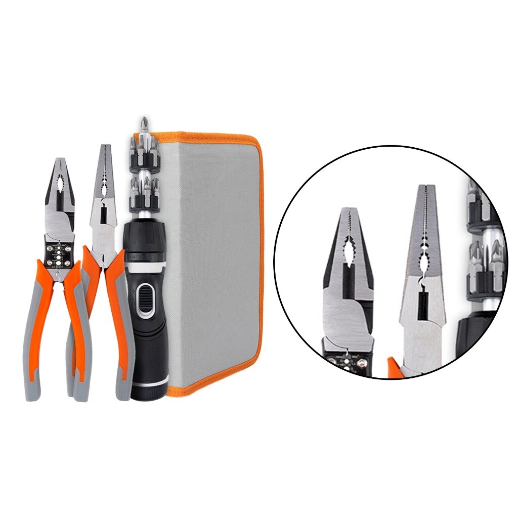 Полный набор инструментов для электриков: магнитные плоскогубцы, зачистка проводов, отвертка, обжим кабеля для различных задач