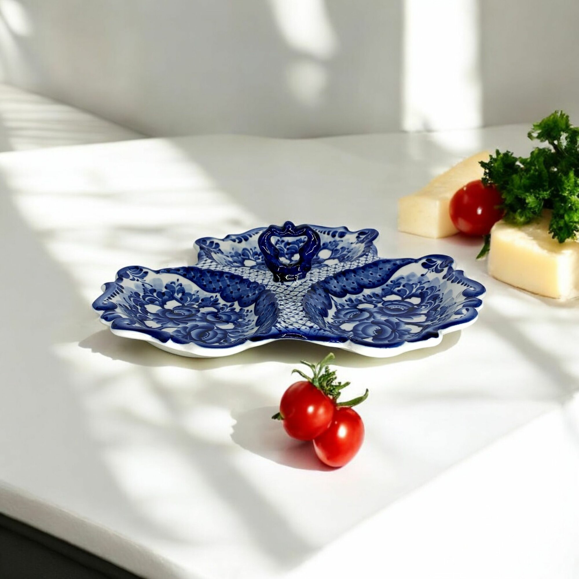 Менажница Китобой, фарфор, гжель, ручная работа, глазурованное покрытие