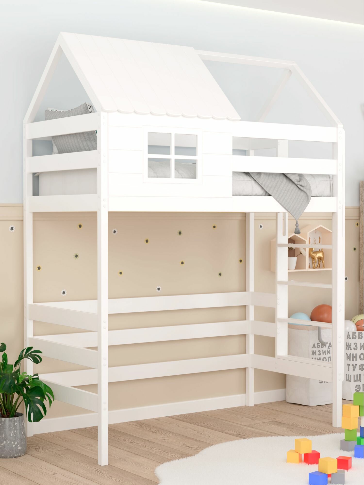 Кровать-чердак Домик с окном 160х90 высокий с лестницей с торца, высота под кроватью 150 см