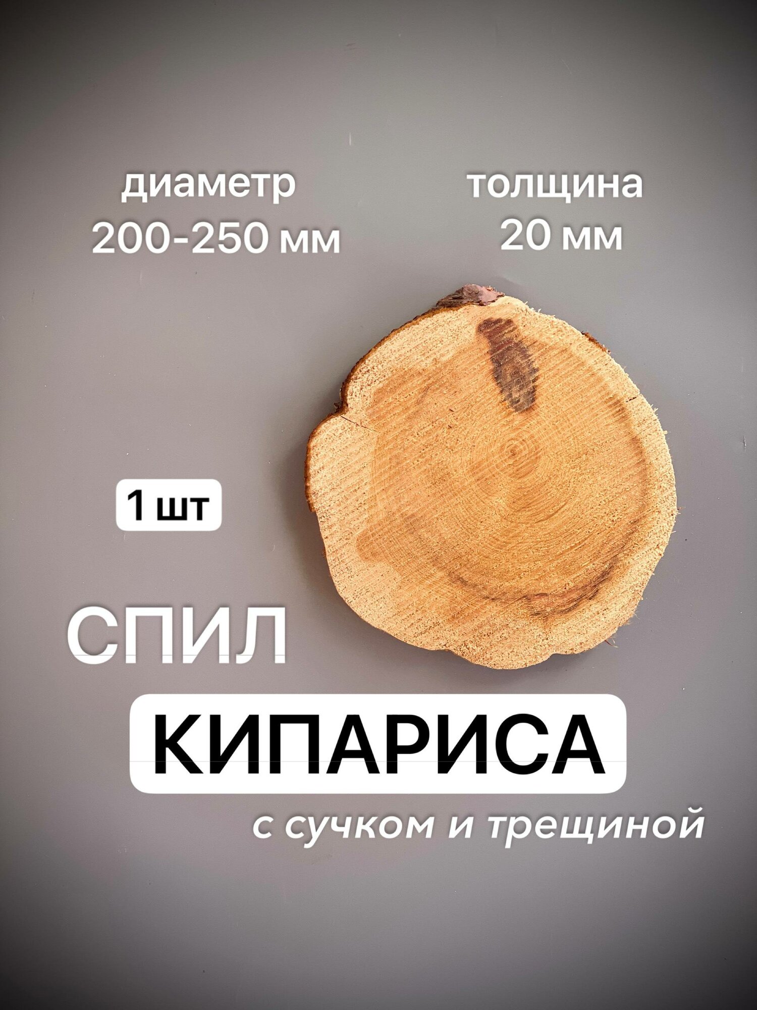 Спил Кипариса с сучком и трещиной, диаметр 20-25 см, толщина 2 см, 1шт