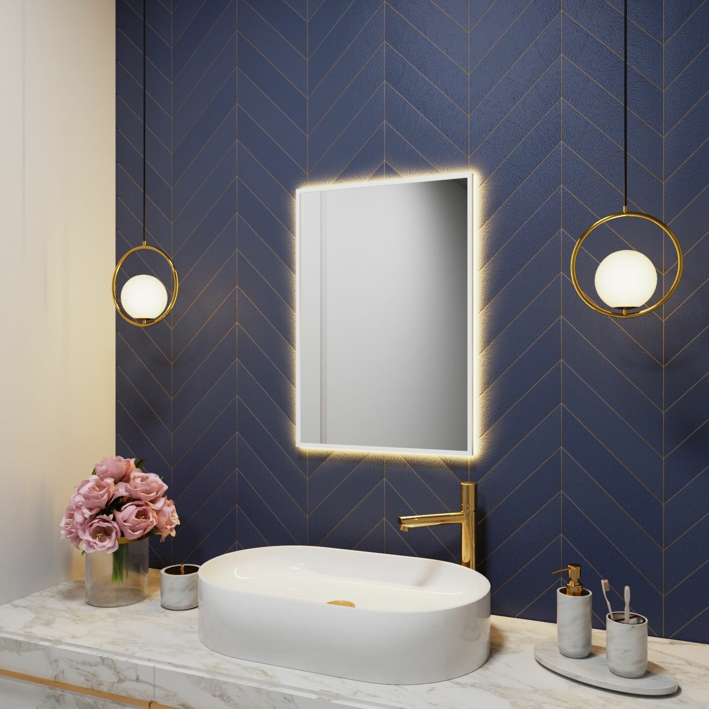 Зеркало настенное 60х50 см. BLX MIRROR с подсветкой в ванную в алюминиевой раме. Свет: Теплый белый 3000К, Белое