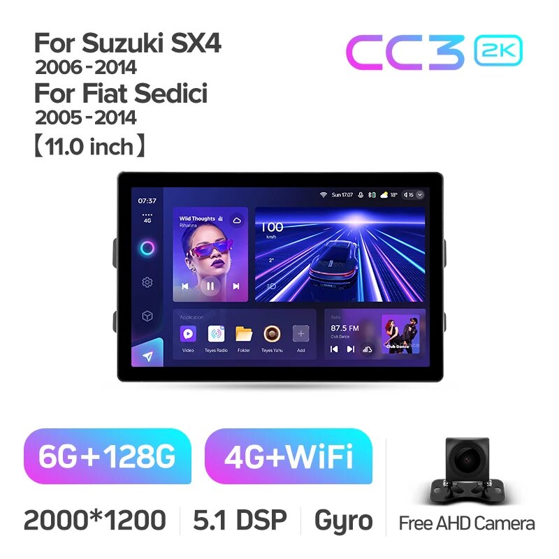 TEYES Тиайс CC3 2K Штатная магнитола For Сузуки SX4 1 For Фиат Седичи 189 For Suzuki SX4 1 2006 - 2014 For Fiat Sedici 189 2005 - 2014 до 6 + 128ГБ 27EQ + DSP автомагнитола 2 DIN DVD автомобиля головное устройство 11.0 06SX4 2K 128G
