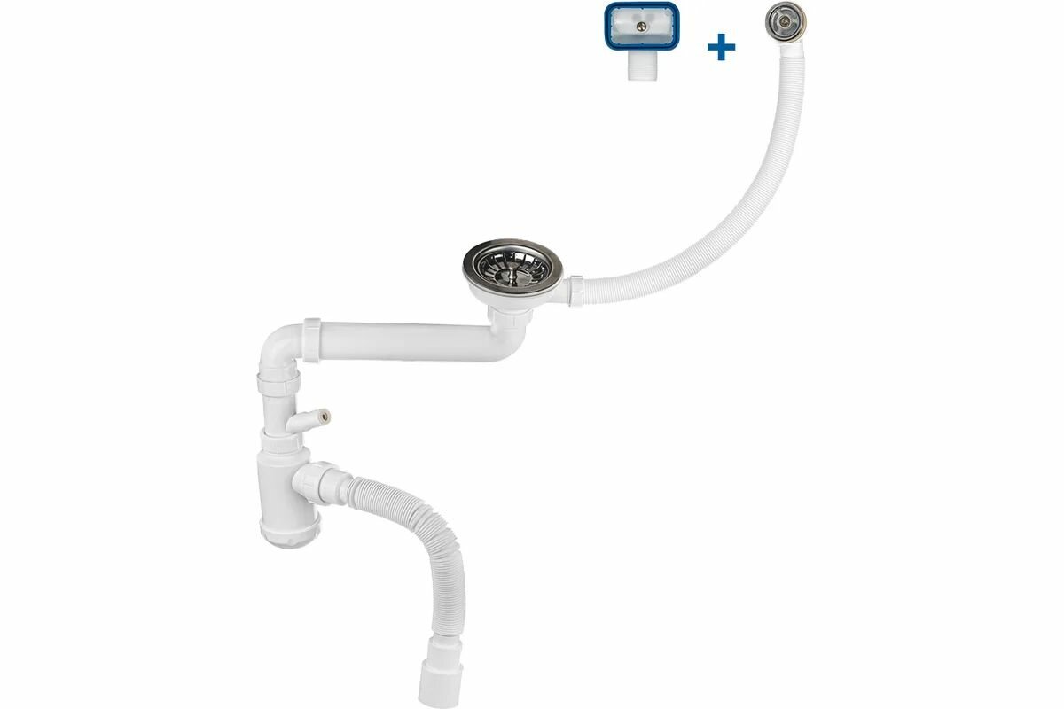 Сифон со смещением для мойки, выпуск 90-94 мм, 3.1/2"х40, 40x40/50, с патрубком отвода для стиральной машины