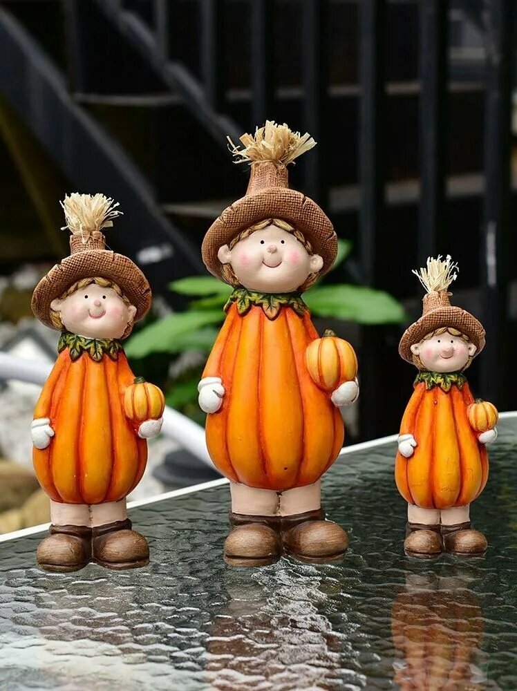 Поделки из керамического тыквенного пугала, семья из трех человек, садовые статуи