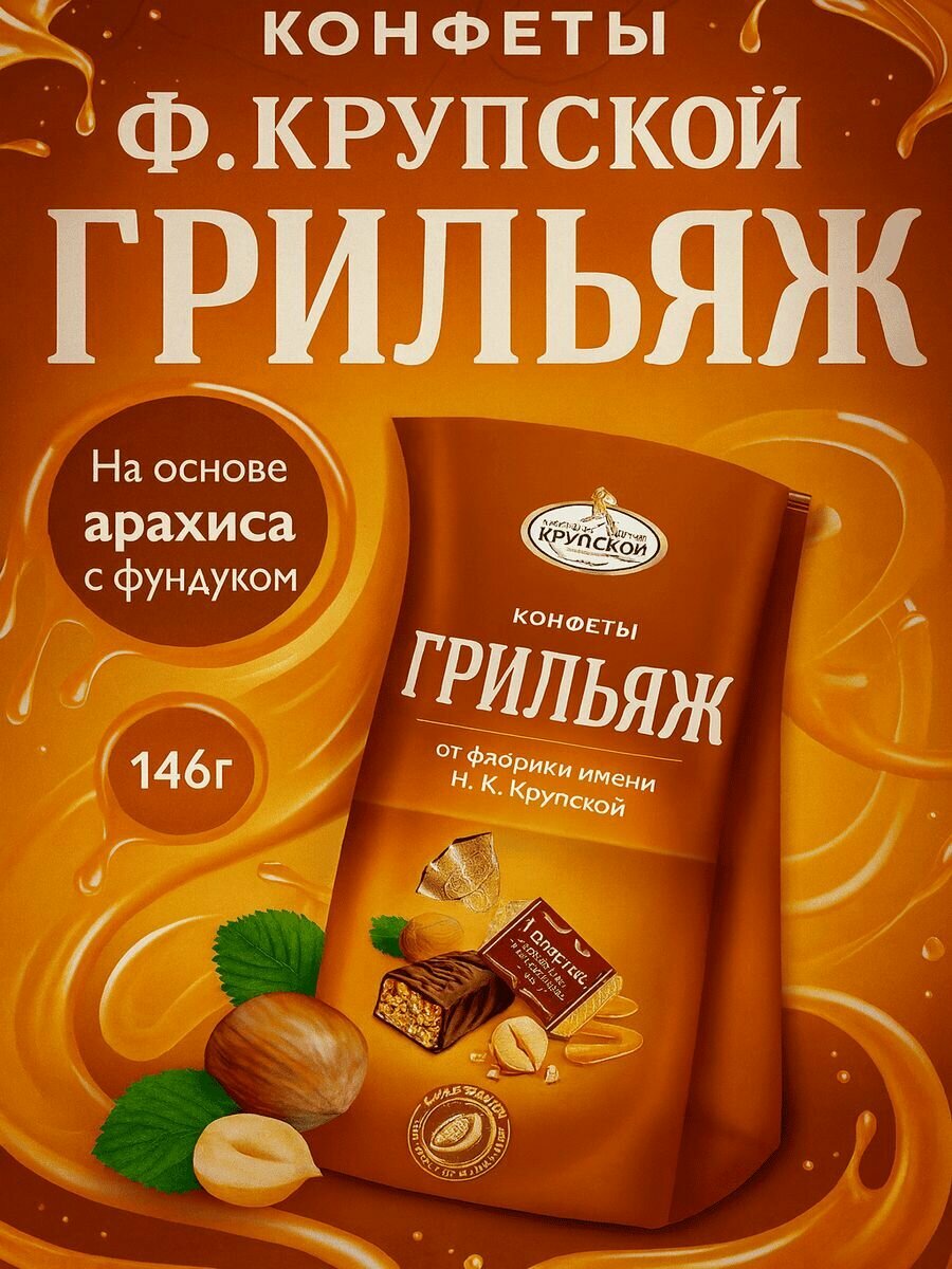 Конфеты Ф. Крупской Грильяж на основе арахиса с фундука (Россия) 146г