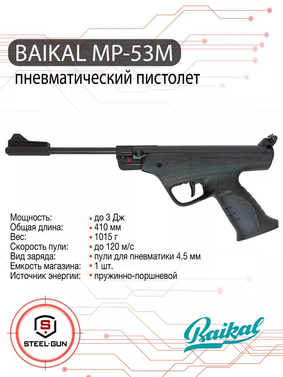 Пневматический пистолет Baikal MP-53 М (МР) пружинно-поршневой, нарезной ствол