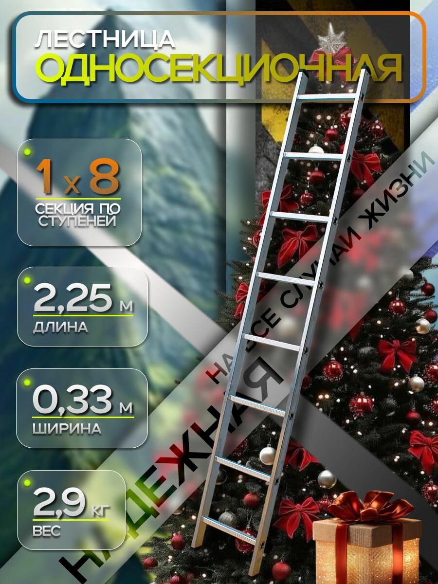 Лестница приставная алюминиевая односекционная 1х8, 8 ступеней.