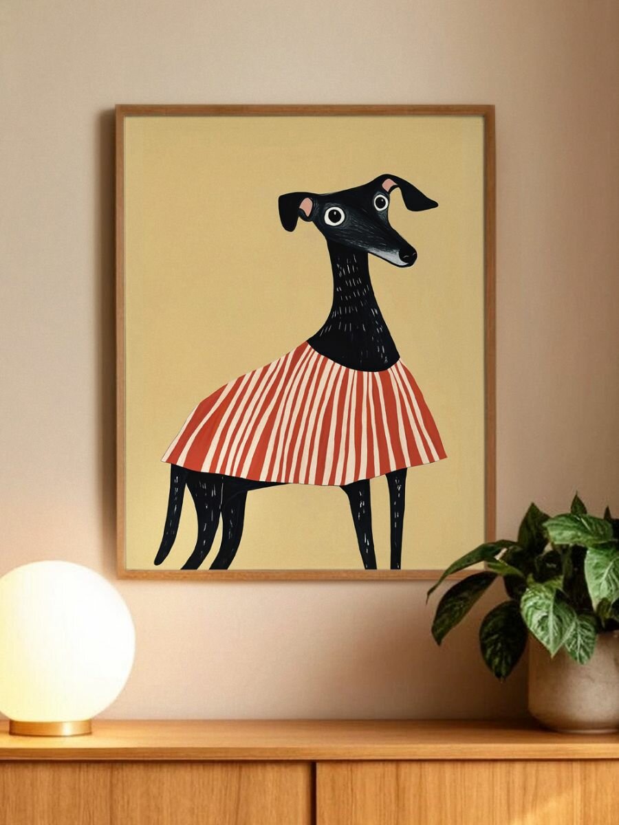 Постер на стену 40х50 Собака в полосатом костюме, без рамы, картина с собачкой на бумаге