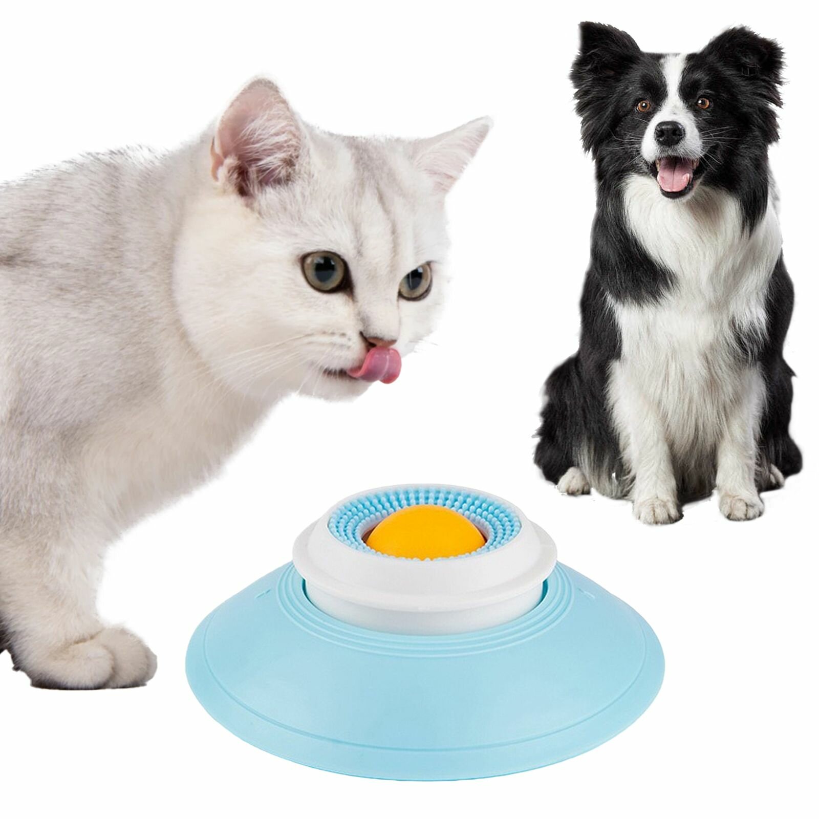 Игрушка для кошек и собак - лизательная тарелка с желтым шариком, продлевающая время приема пищи