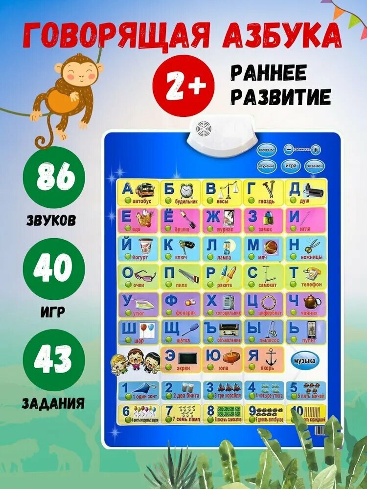 Азбука для малышей интерактивная / Алфавит плакат говорящий для детей / Развивающая игрушка от 1 года для изучения русских букв и цифр