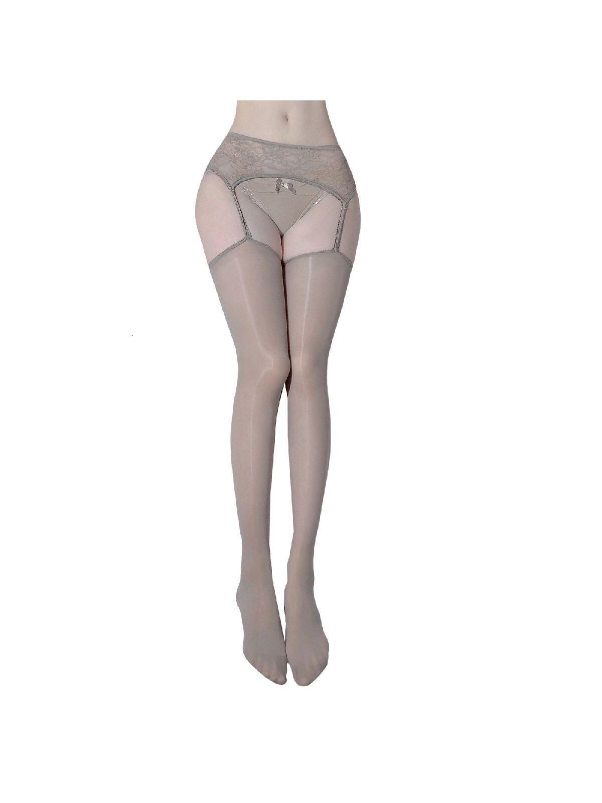Женские блестящие колготки с подвязками, Серый