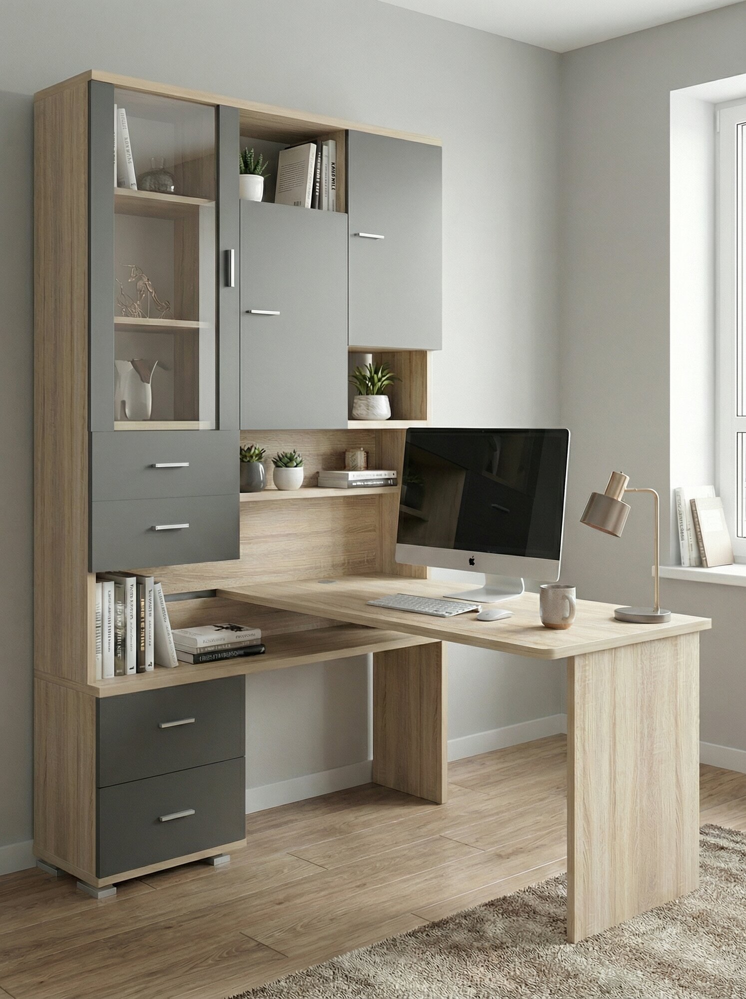 Стол компьютерный Мэрдэс СР-620/140 СГС-ЛЕВ Сонома/Графит/Сонома, с полками, с ящиками, 130х140х216 см, угловой