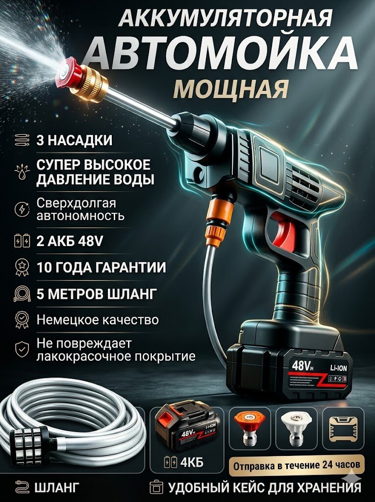 Мойка высокого давления аккумуляторная для автомобиля, Автомойка, в кейсе 2 аккумулятора, 3 насадки