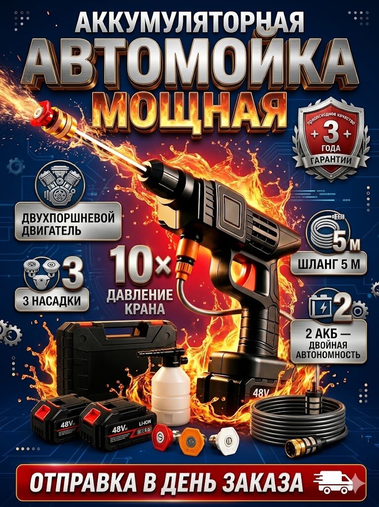Мойка высокого давления аккумуляторная для автомобиля, Автомойка, в кейсе 2 аккумулятора, 3 насадки