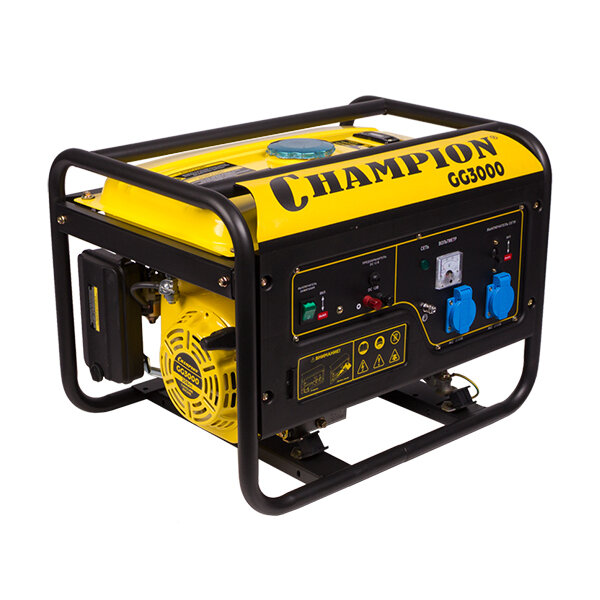 Бензогенератор CHAMPION GG3000 Максимальная мощность - 2,5 кВт Номинальная мощность - 2,3 кВт Выходное напряжение - 220 В