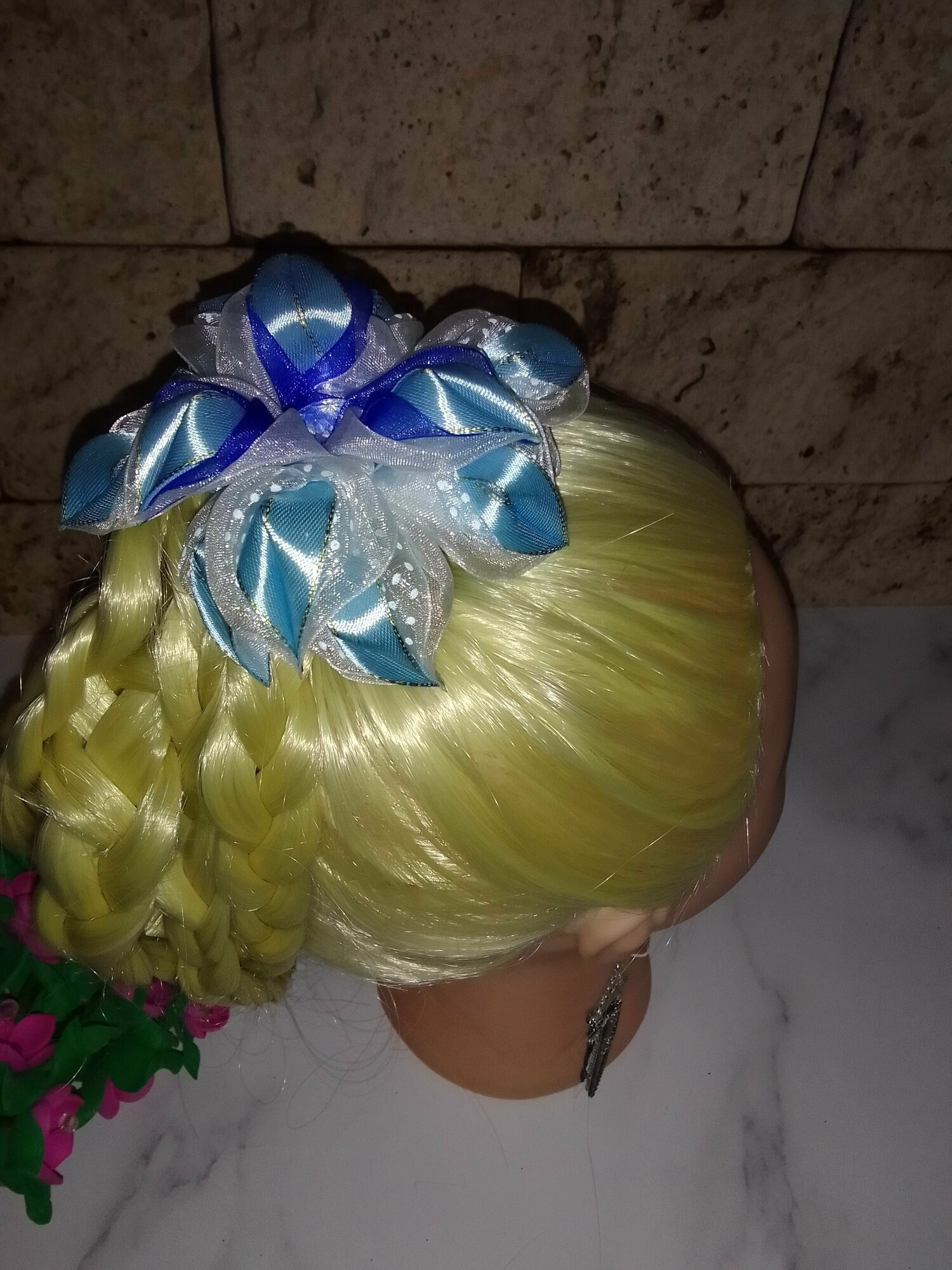 Резинка для волос "Пушистики", текстиль, двухцветная, 12см, голубая, диаметр 12 см