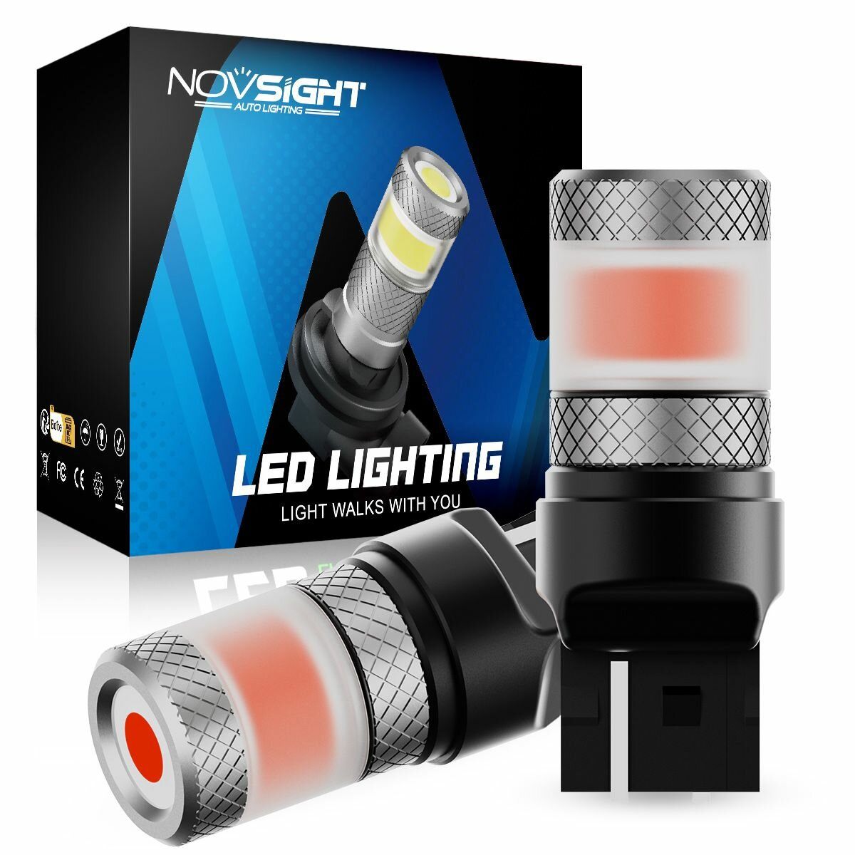 Светодиодная лампа Novsight SL7 T20 7440 W21W цоколь W3x16d 2шт одноконтактная красный свет LED автомобильная