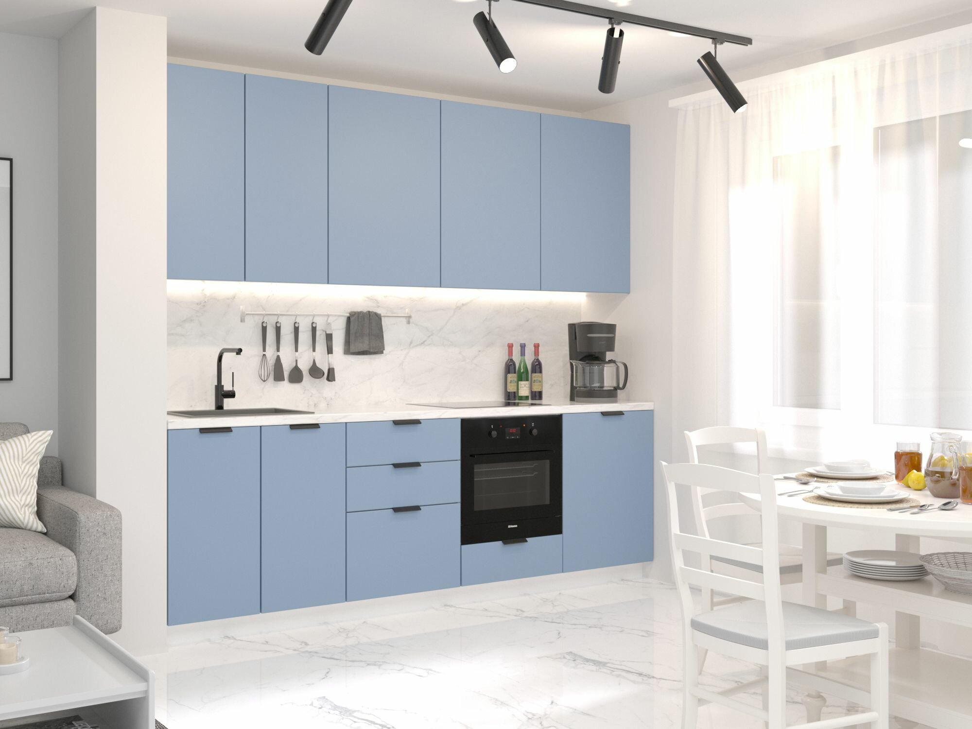 Кухонный гарнитур 2600 мм, Фьюжн, Синий матовый