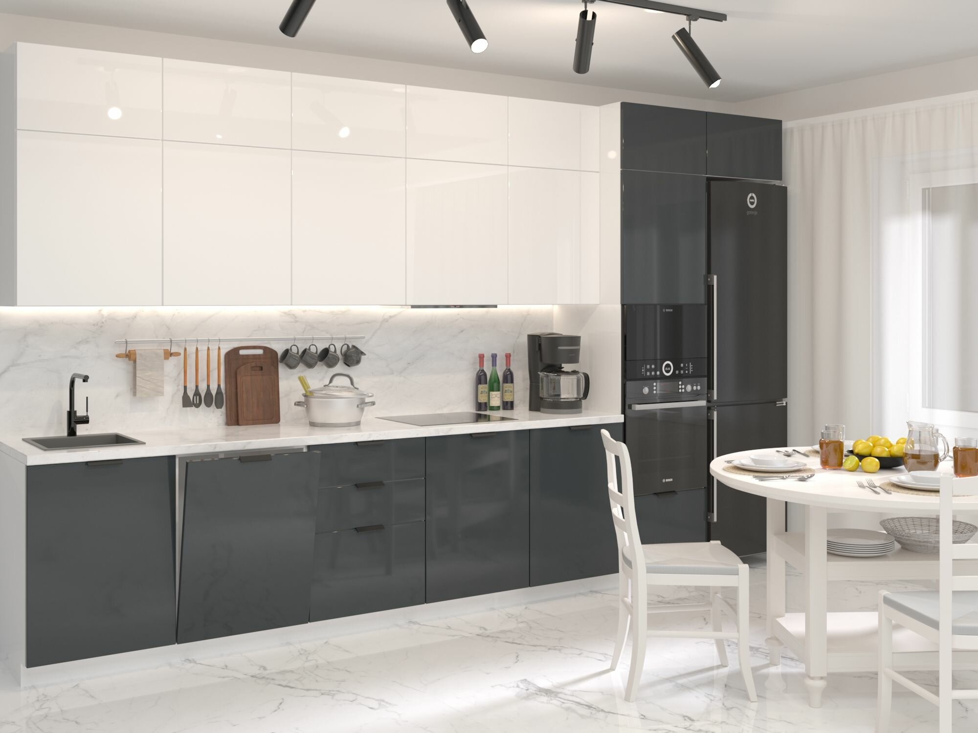 Кухонный гарнитур 4200 мм, Антрацит глянец/Белый глянец