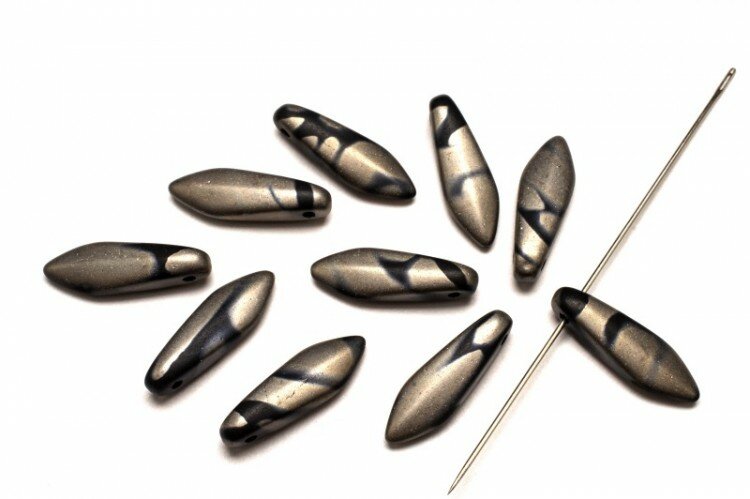 Бусины Dagger beads 16х5мм, отверстие 0,8мм, цвет 23980/2747V Jet Chrome Stripes Matted, 736-108, 10шт