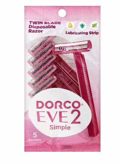 DORCO Женские бритвы одноразовые EVE2 Simple TG, 2-лезвийные, фиксированная головка, увлажняющая полоса, 5 станков в упаковке