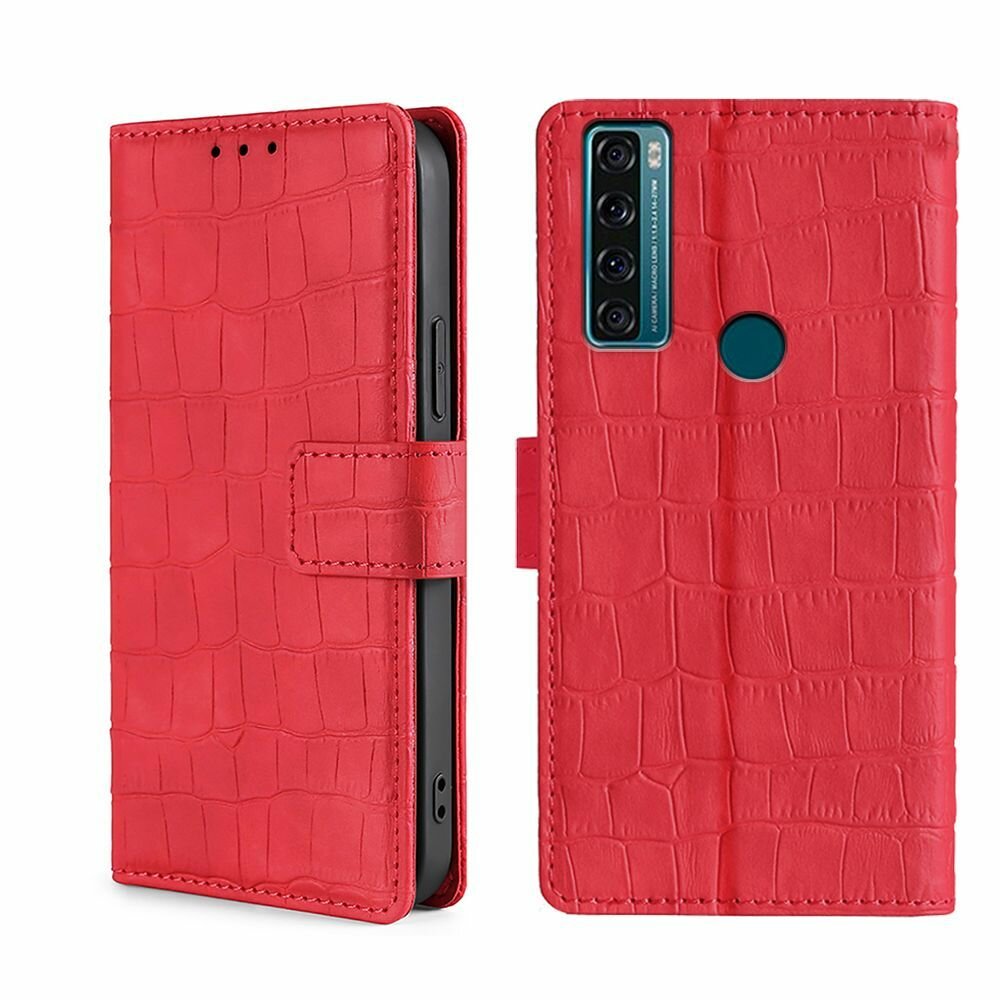 Чехол-книжка MyPads для TCL 20 SE / ТСЛ 20 SE красный крокодиловая кожа узор из крокодиловой кожи