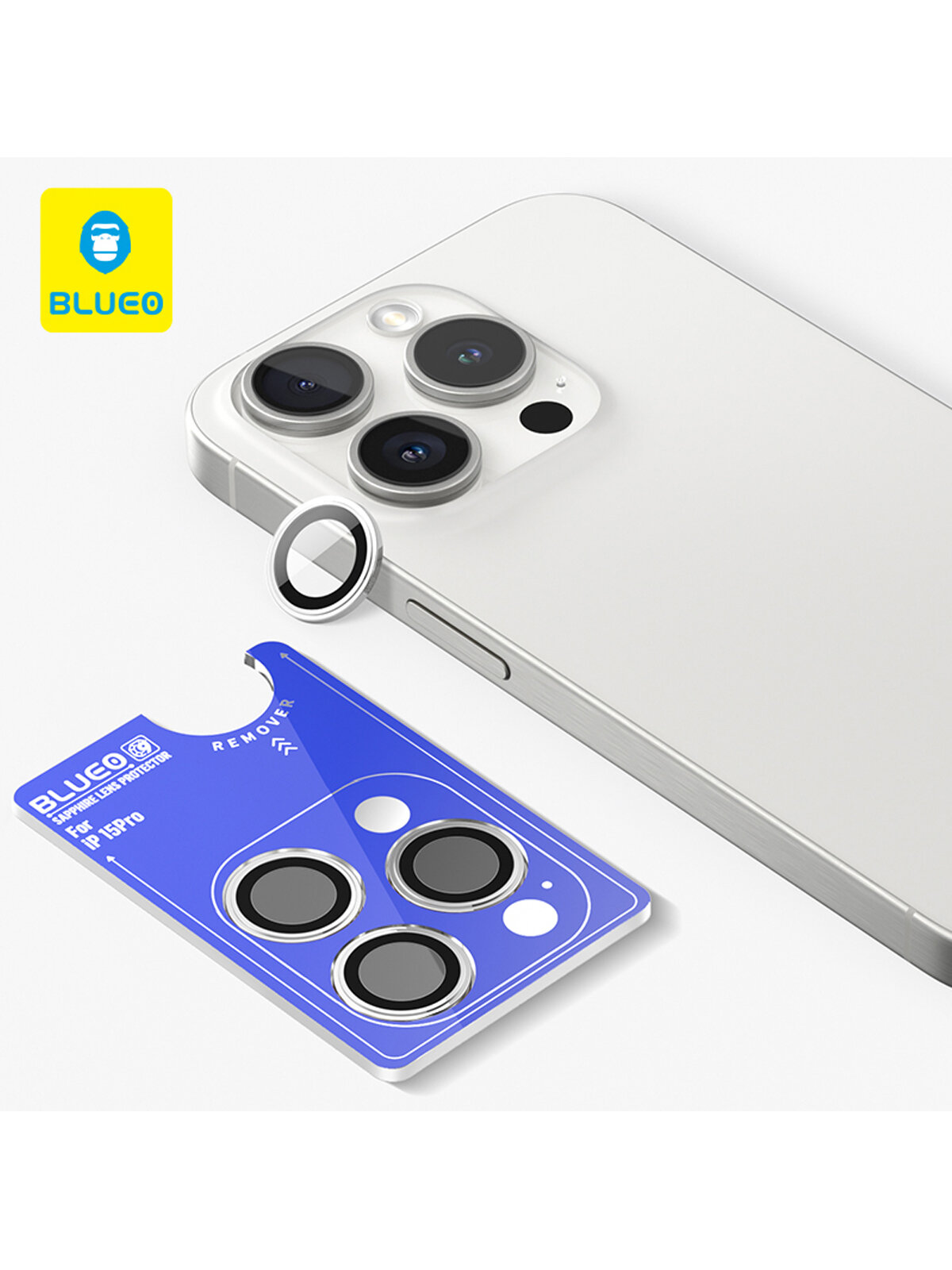BlueO стекло для iPhone 15 Pro, Camera Lens SAPPHIRE metal armored 3 шт. Silver (+install)