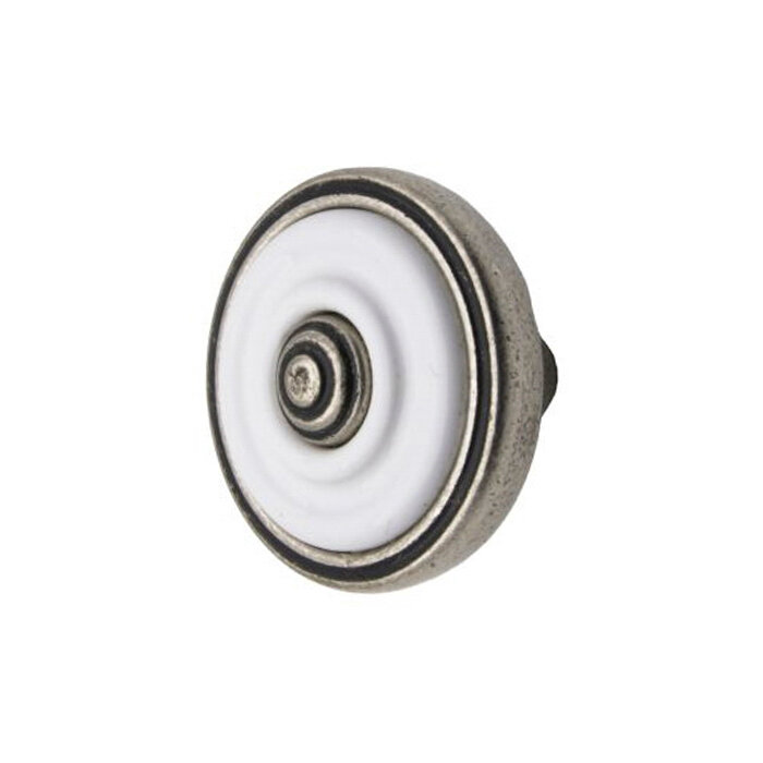 Ручка мебельная кнопка, для шкафов, комодов, тумбочек "SANBERG" Прованс античное серебро премиум, керамика/металл