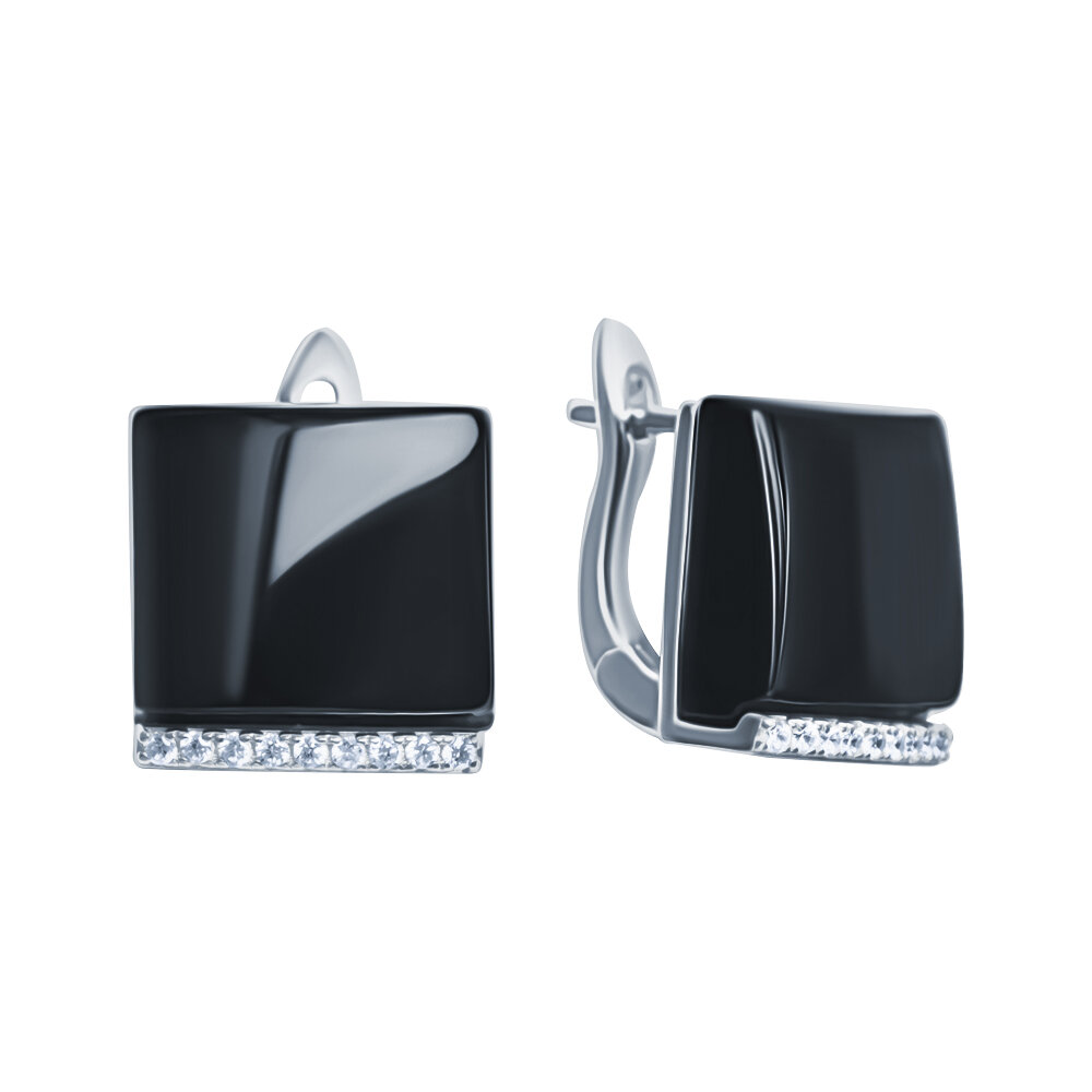 Серьги, серебро, 925 проба, фианит, оникс