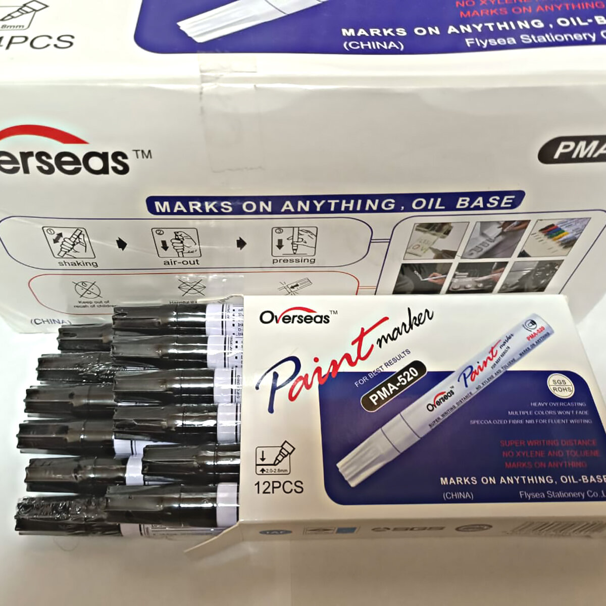 Перманентный маркер Overseas, черный, заправляемый, 12шт