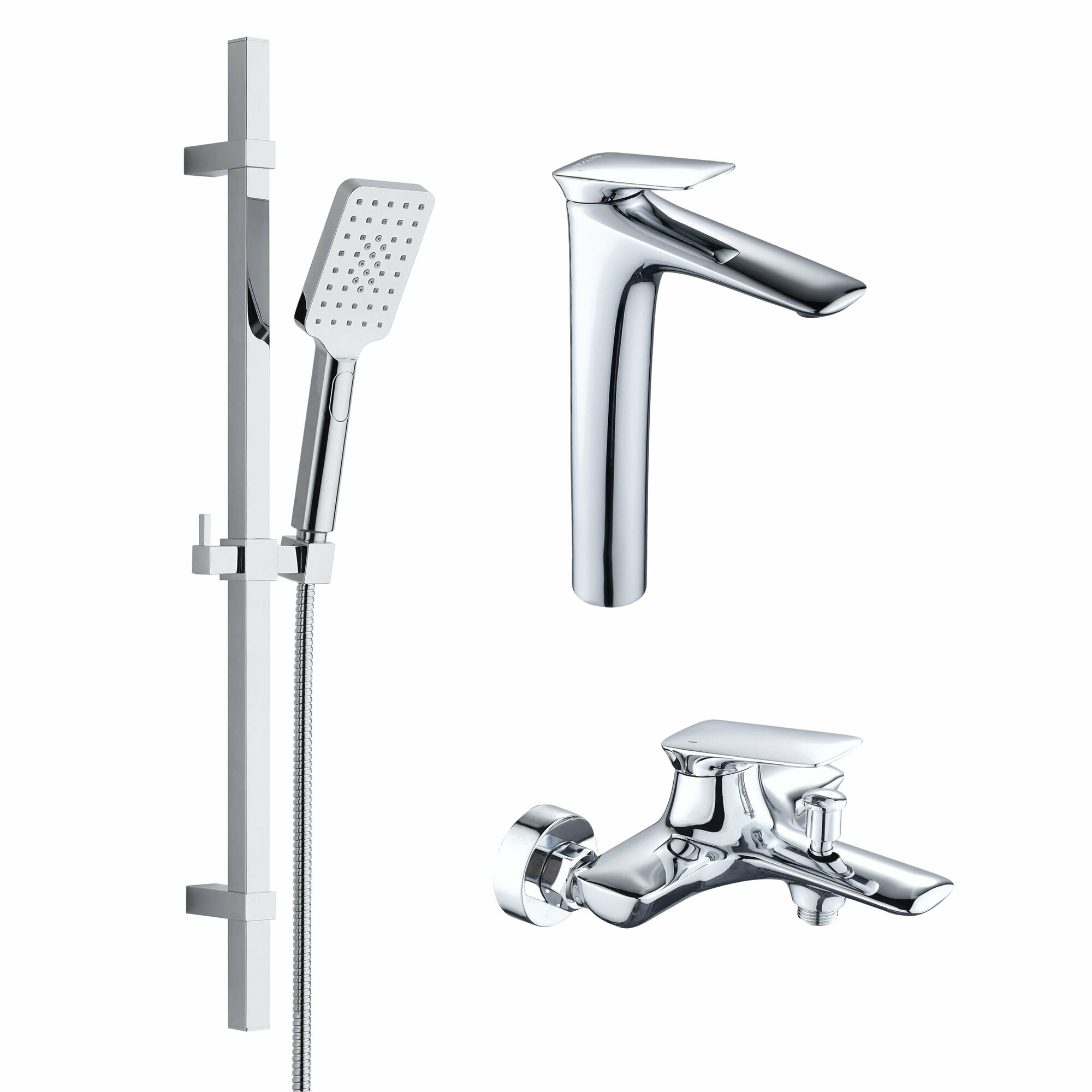 Душевой комплект 3х1 BOND Куб B03-5700 (смесители для ванны/душа и накладной раковины, душевой гарнитур) хром