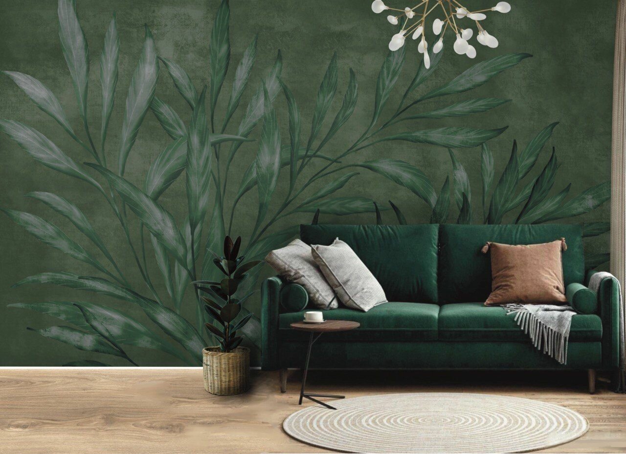 Обои бесшовные "Каменная ива" темно-зеленая текстура бетон (ширина 2750мм х длина 3000мм)