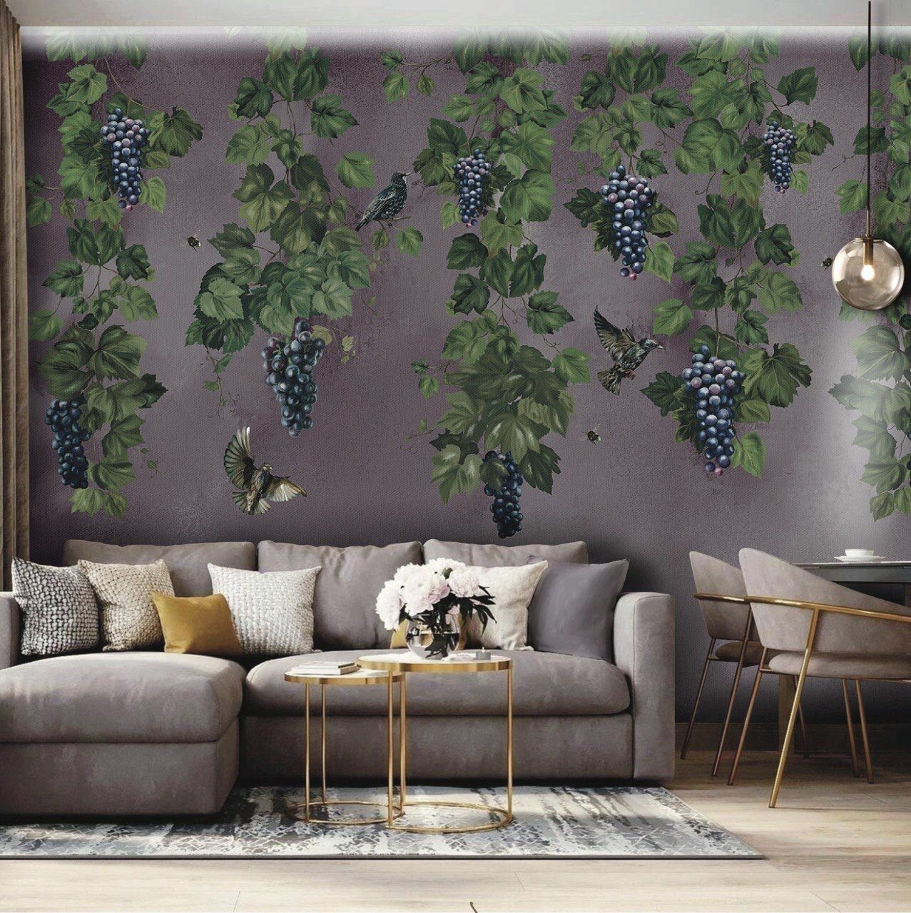 Обои бесшовные Скворцы и виноград розово-фиолетовый (ширина 2550мм х длина 6000мм)