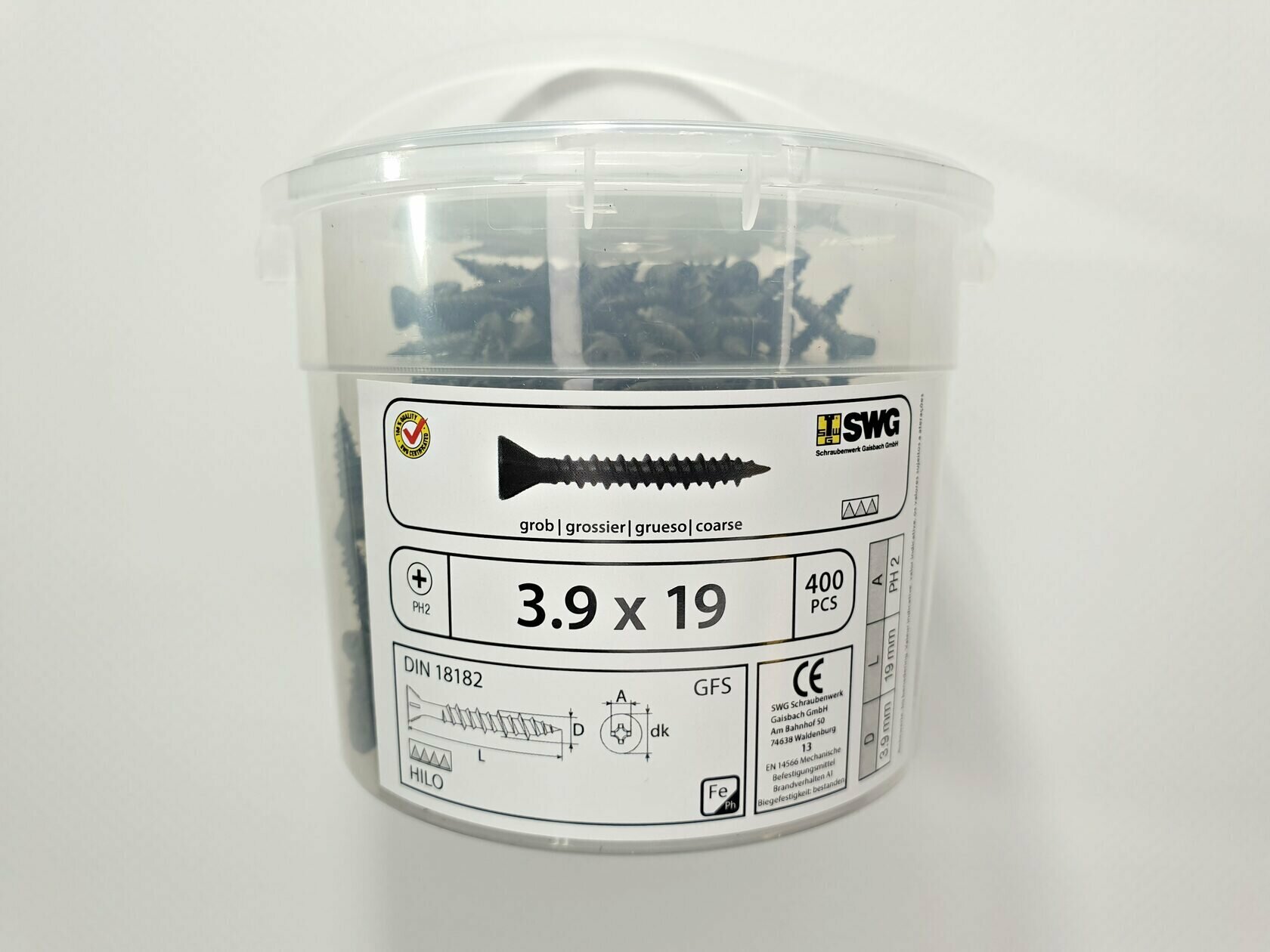 Саморез для ГВЛ потайная голова с острым наконечником и полной резьбой HILo шлиц крестообразный (РН-2)DIN 18182 3.9x19 400 pcs SWG, Германия