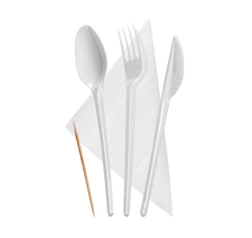 Набор одноразовых столовых приборов №5 (вилка, ст. ложка, нож, салфетка, зубочистка) 100 упаковок