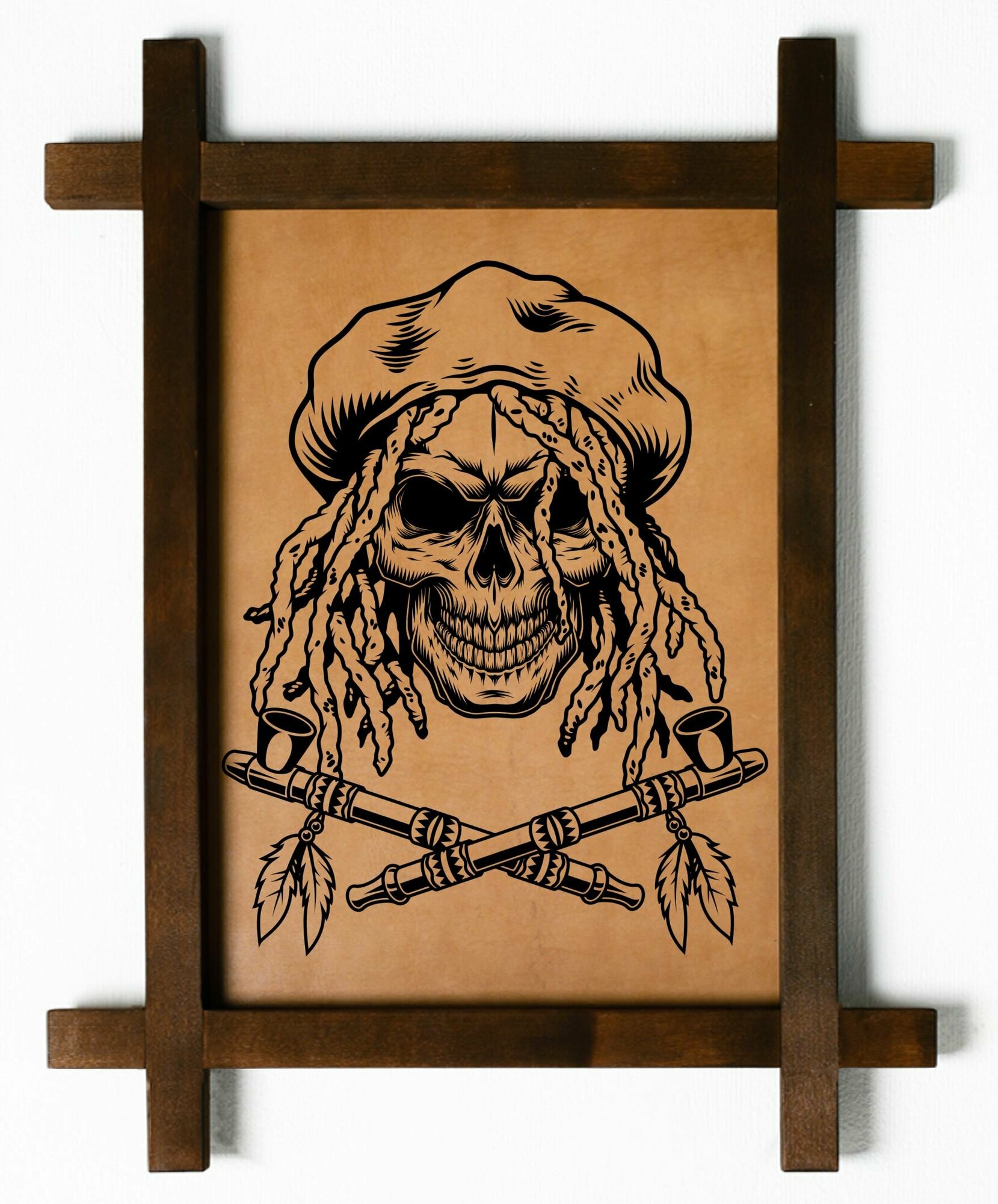 Интерьерная картина из натуральной кожи "Череп растаман", декоративное настенное панно в деревянной раме, BoomGift