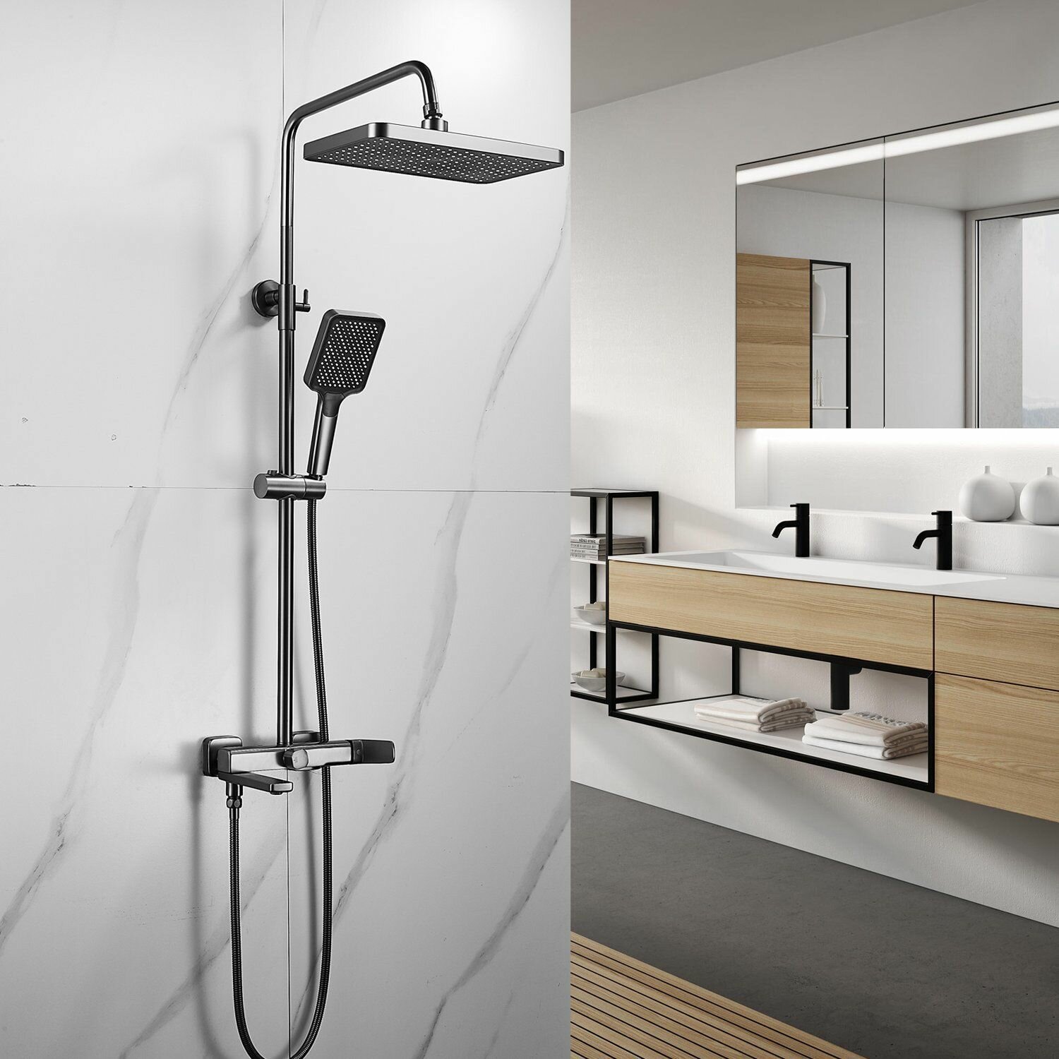 Душевая система со смесителем Shevanik S9936T оружейная сталь