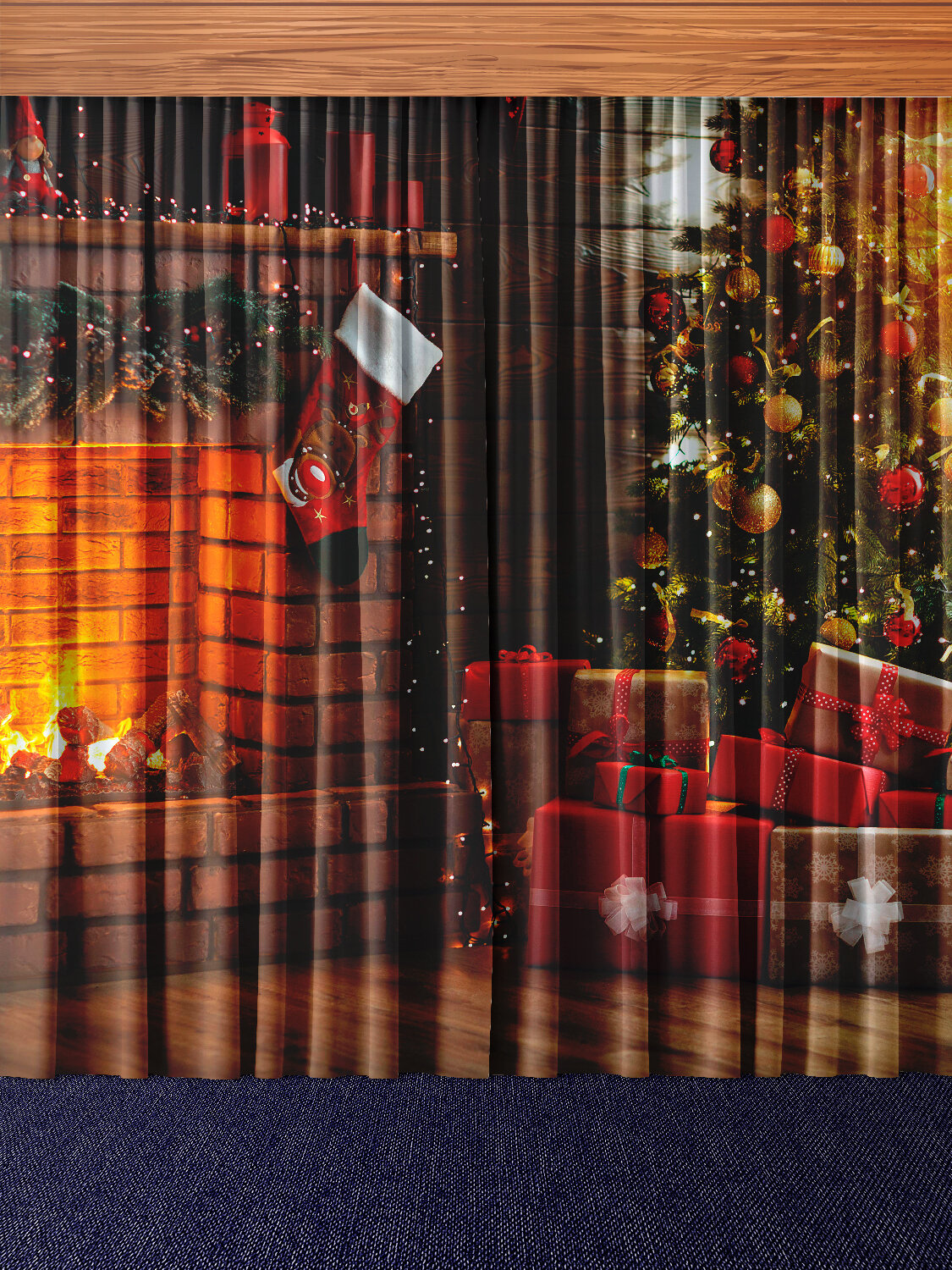 Шторы для комнаты / Фотошторы / ЗD шторы интерьерные / 145 х 260 см 2 шт / Декор для гостиной, кухни, спальни, детской / Новогодние шторы / Нарядная елка с камином / Рождественский камин