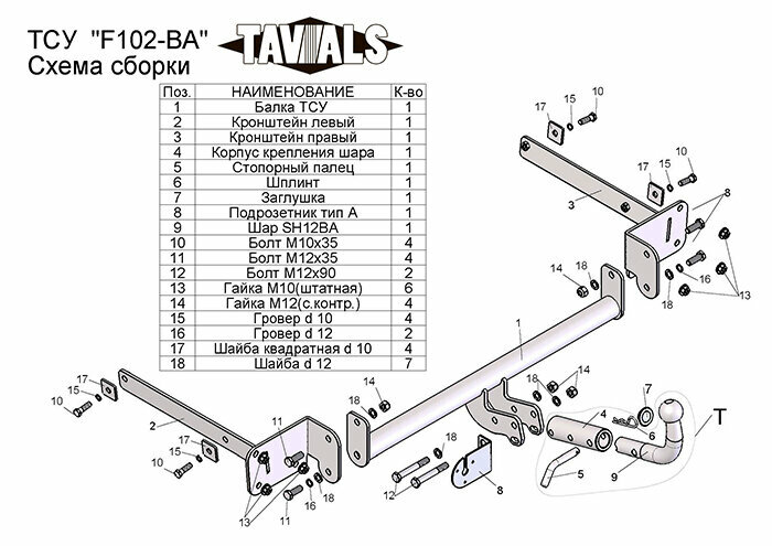 Фаркоп(прицепное) Tavials для FORD FOCUS 2, 3 (DB3) / (DYB) (седан) 2004 - 2011 / 2010 -(С быстросъемным шаром)(паспорт и сертификат в комплекте)(без электрики)T-F102-BA