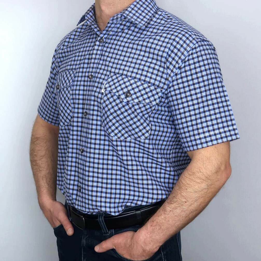 Рубашка Рубашка мужская с коротким рукавом, прямая классическая, темная сорочка, на пуговицах, рубаха на любой сезон, стильный фасон одежды, синяя, клетка, с карманами, летняя