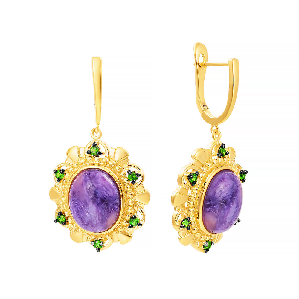Серьги, серебро, 925 проба, чароит