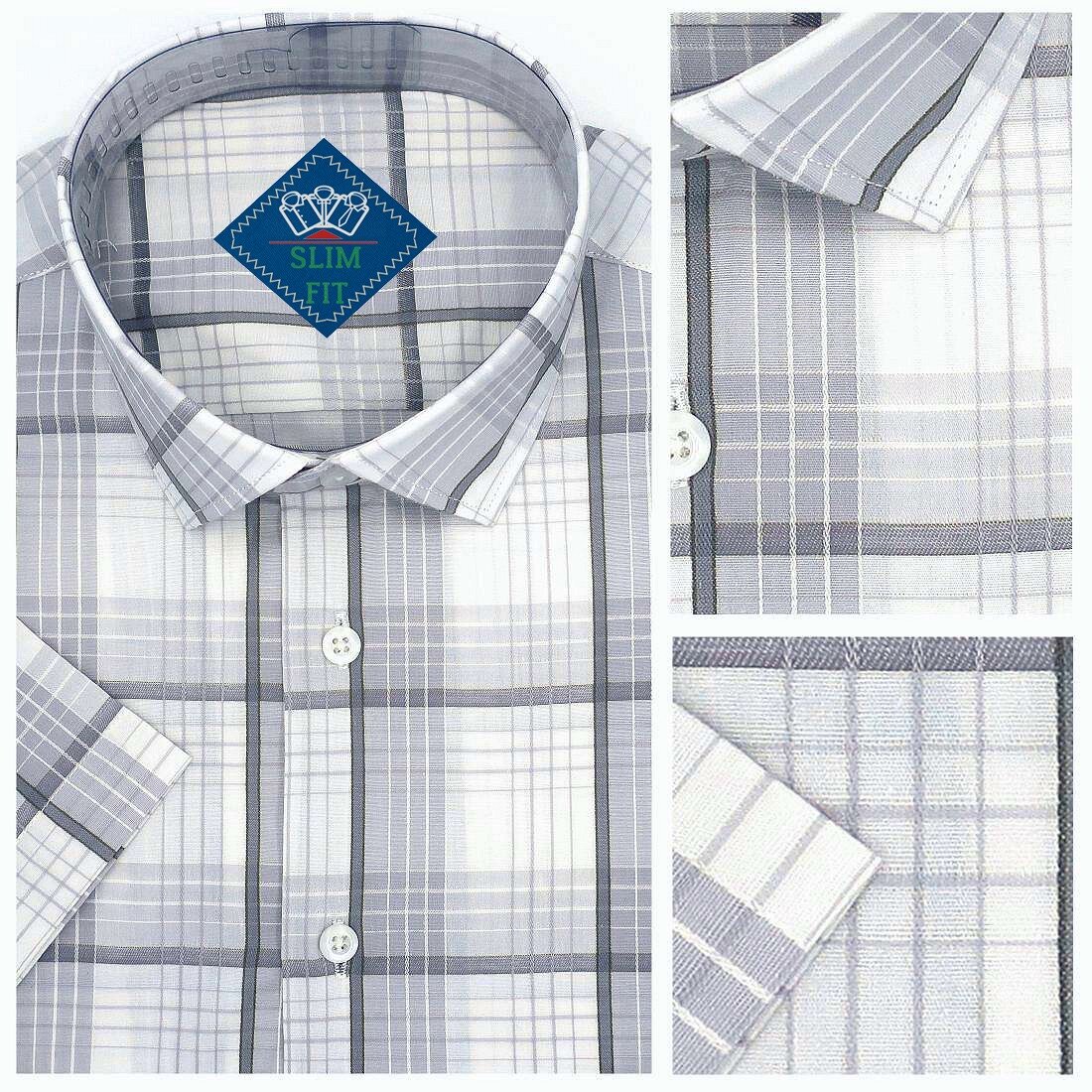 Рубашка приталенная с коротким рукавом мужская рубашка, светлая сорочка, на пуговицах, рубаха на любой сезон, серая клетка, без карманов, летняя рубашка