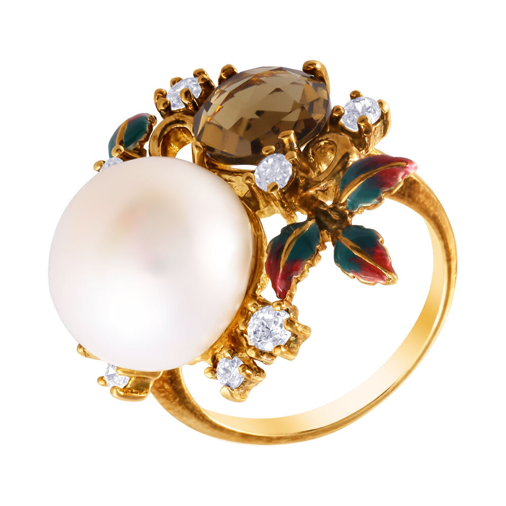 Кольцо, серебро, 925 проба, золочение, родирование, эмаль, циркон, жемчуг культивированный