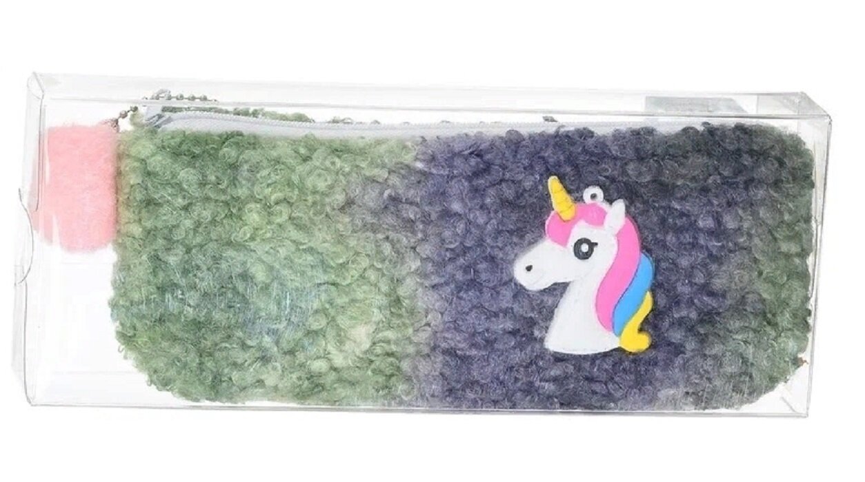 Пенал-косметичка Единорог 21 х 9 см из искусственного меха с брелком в пластиковой упаковке, цвет серо-зеленый
