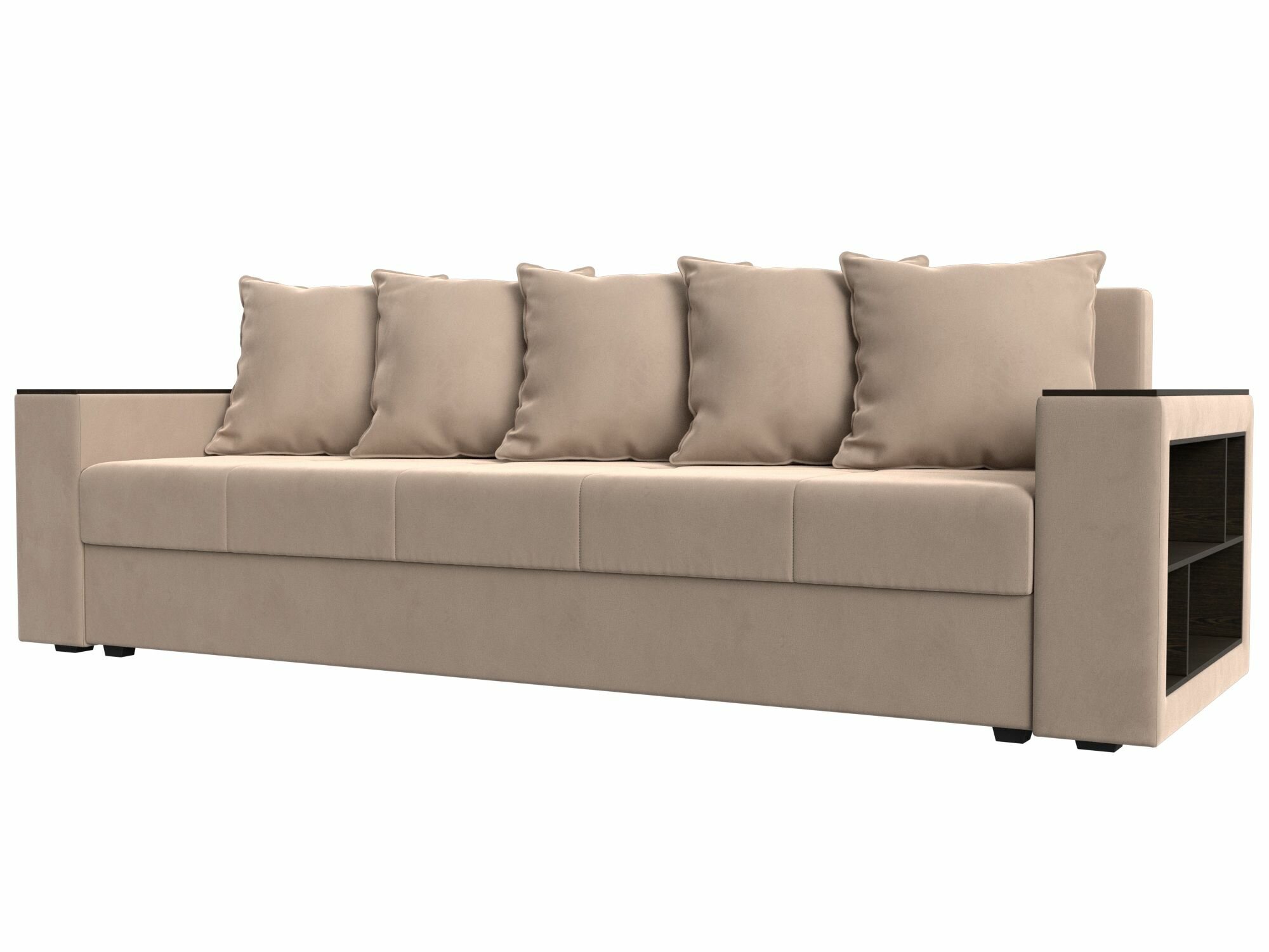 Диван прямой Дубай Лайт полки универсальные, велюр, механизм еврокнижка, бежевый, 232x80x85см. Хит Диванов