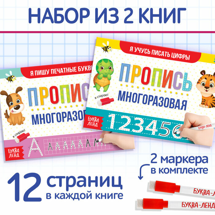 Прописи многоразовые «Напиши и сотри. Пишем буквы и цифры», набор 2 шт. по 12 стр.