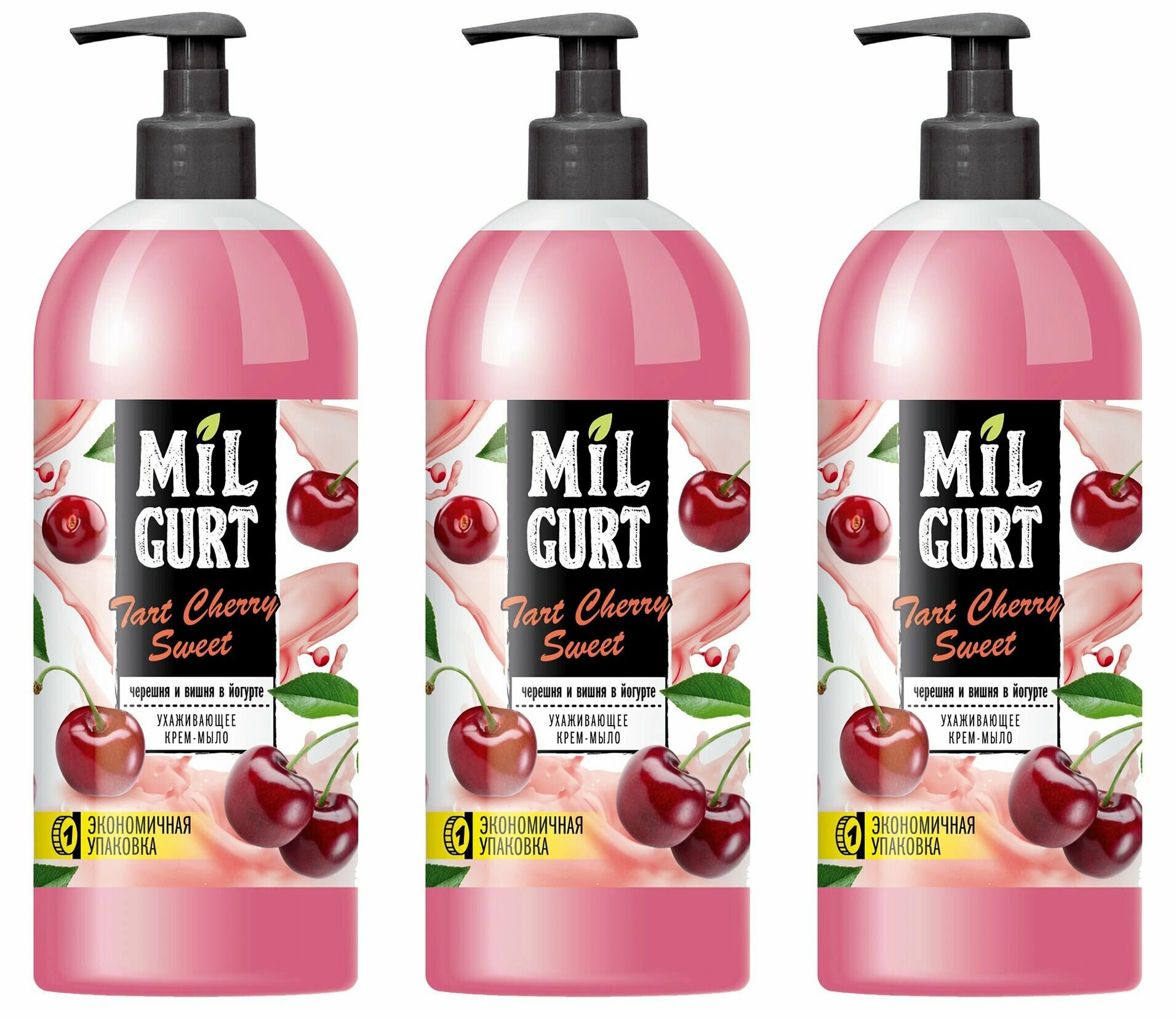 MILGURT Крем-мыло жидкое Вишня и черешня в йогурте, 860 гр, 3 штуки