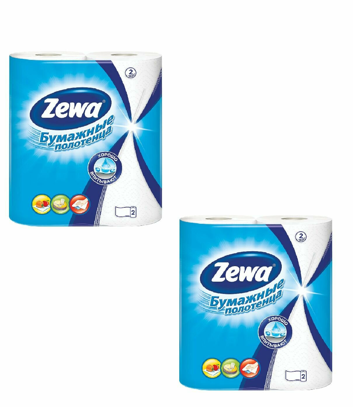 Zewa, Полотенца бумажные бытовые 2-х слойные, 2 рулона, 2 упаковки