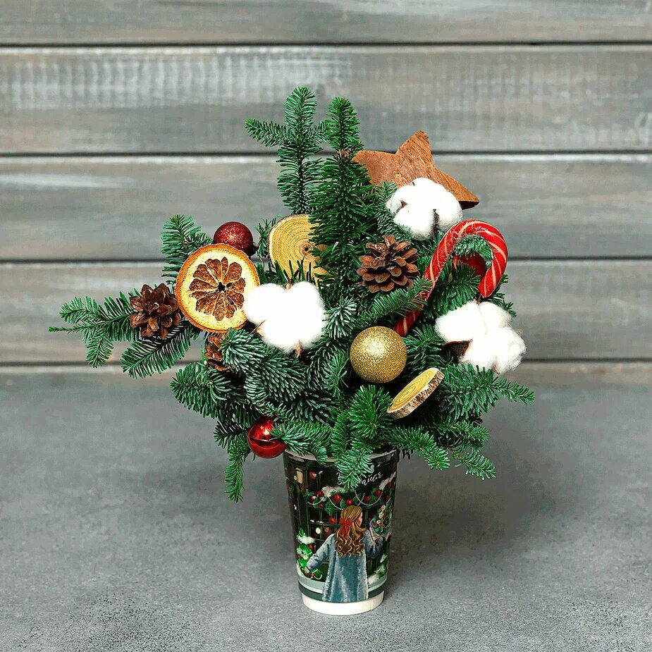 Новогодняя композиция "Букет Маркет", в стакане, нобилис, 30см