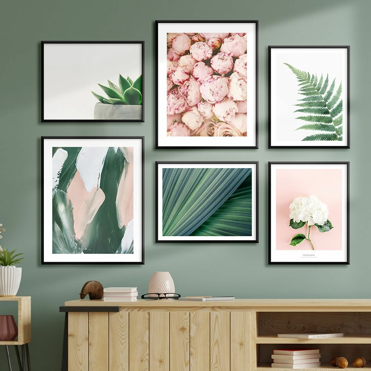 Набор постеров 6 шт "Розовый и зеленый, цветы" плакат для интерьера, картина на стену